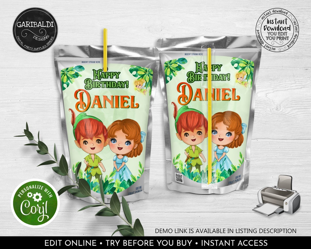 Editable Peter Pan Juice Pouch Labels Neverland Birthday Party Favors ...