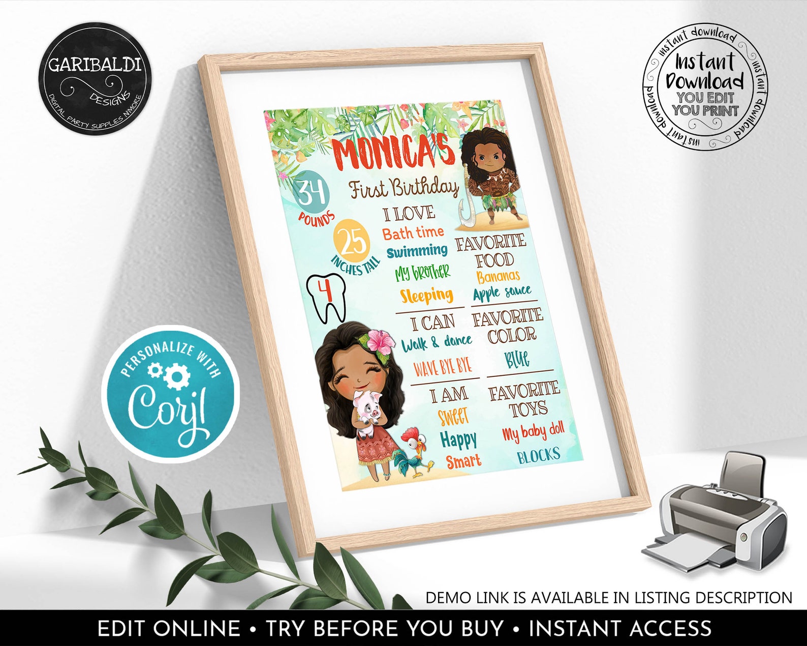 Editable Moana Milestone Board Luau Party Sign Hawaiian Princess Party ...