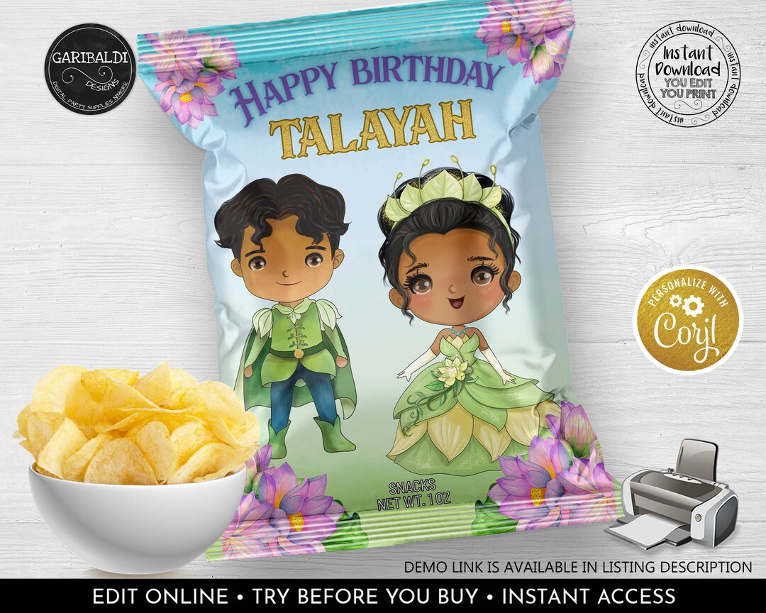 Editable Princess and the Frog Chip Bag Wrapper Tiana Chip Bag Template ...