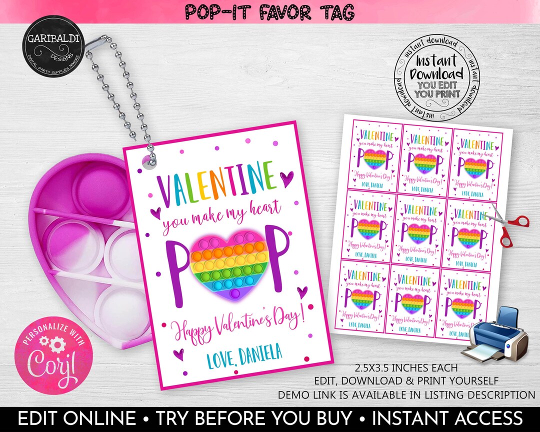 Editable Valentine's Pop Toy Fidget Gift Tags Valentines Day Pop Cards ...