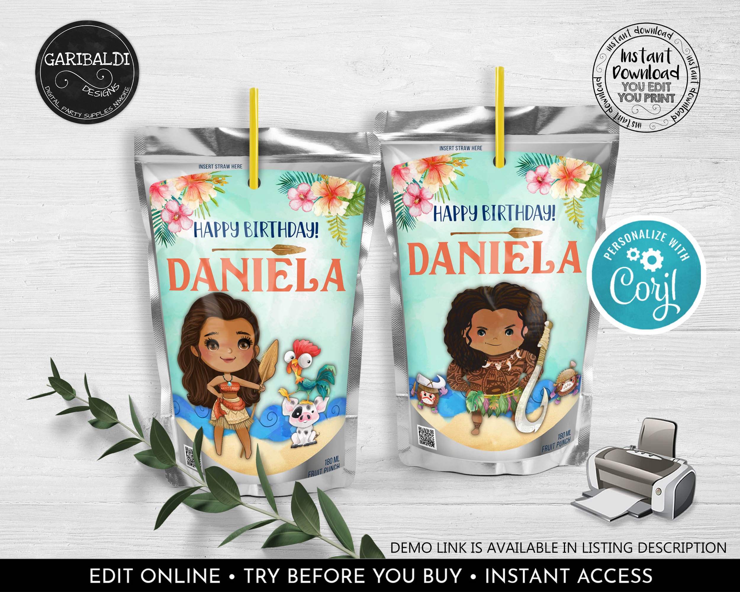 Editable Moana Juice Pouch Labels Maui Juice Box Label Hawaiian ...