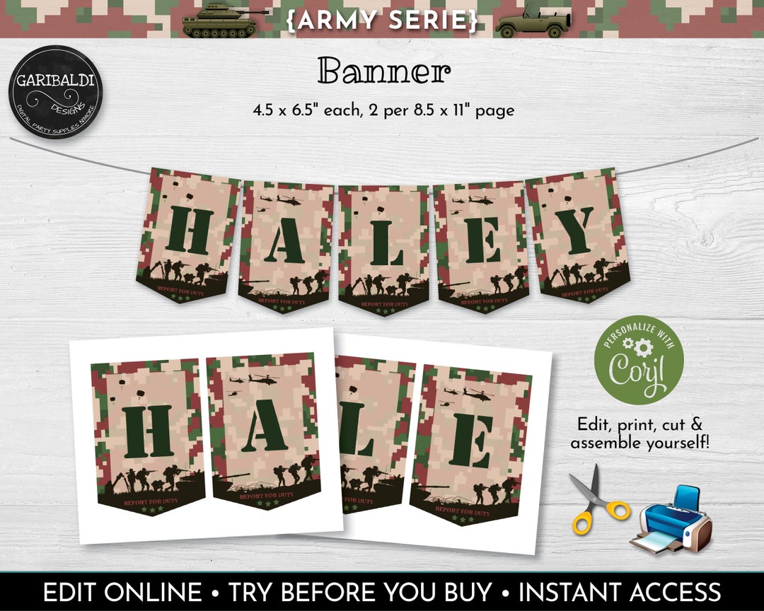 Editable Army Pennant Banner Printable Soldier Banner Military Birthday ...