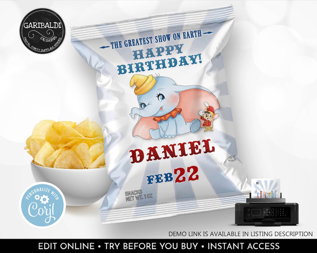 Editable Circus Chip Bag Dumbo Chip Bag Template Dumbo Blue Potato Chip Bag Digital Download ...