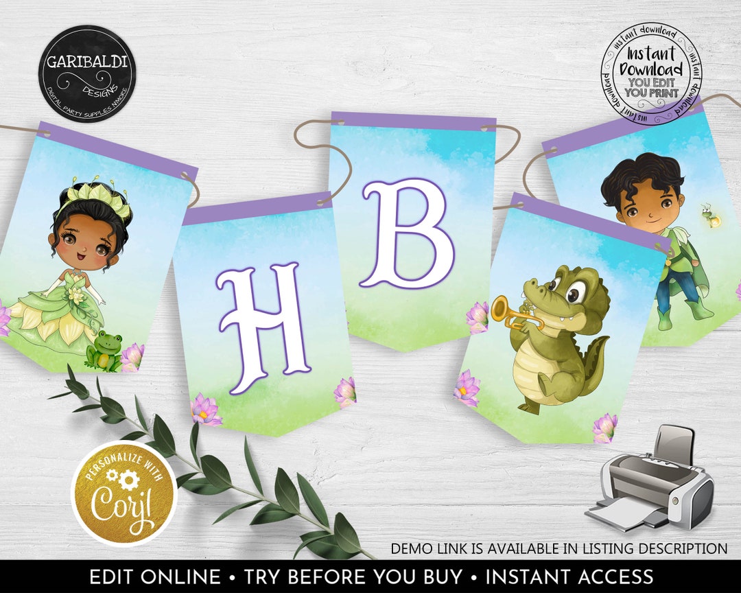 Editable Princess and the Frog Pennant Banner Printable Princess Tiana ...