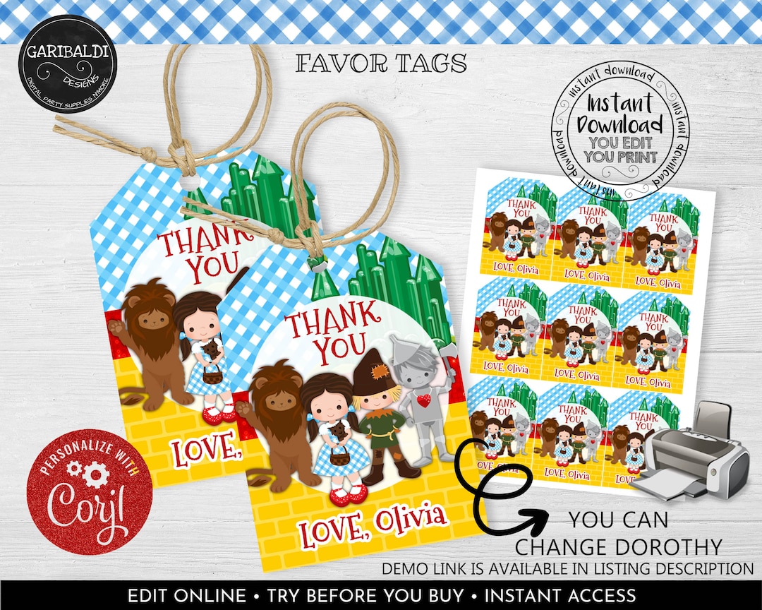 Editable Wizard of Oz Favor Tags Wizard of Oz Gift Tag Instant Download ...