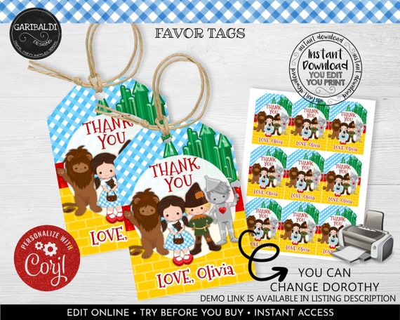 Editable Wizard of Oz Favor Tags Wizard of Oz Gift Tag Instant | Etsy