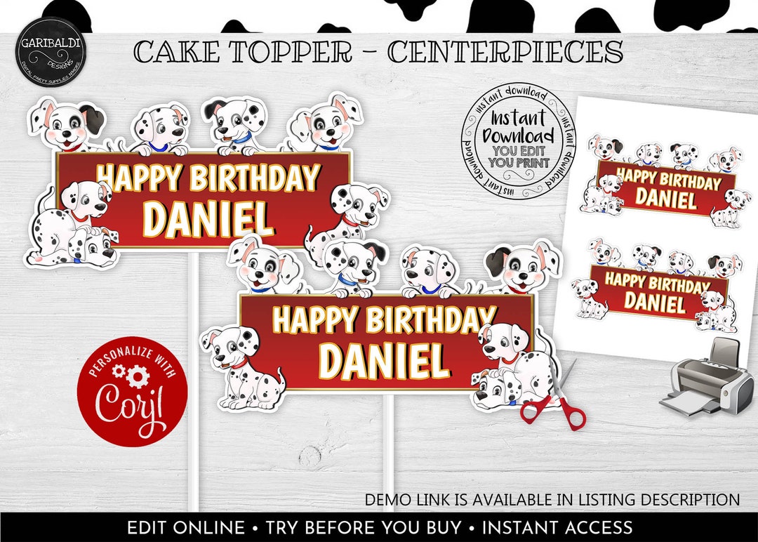 Editable Dalmatians Cake Topper, Printable Puppy Dog Centerpieces ...