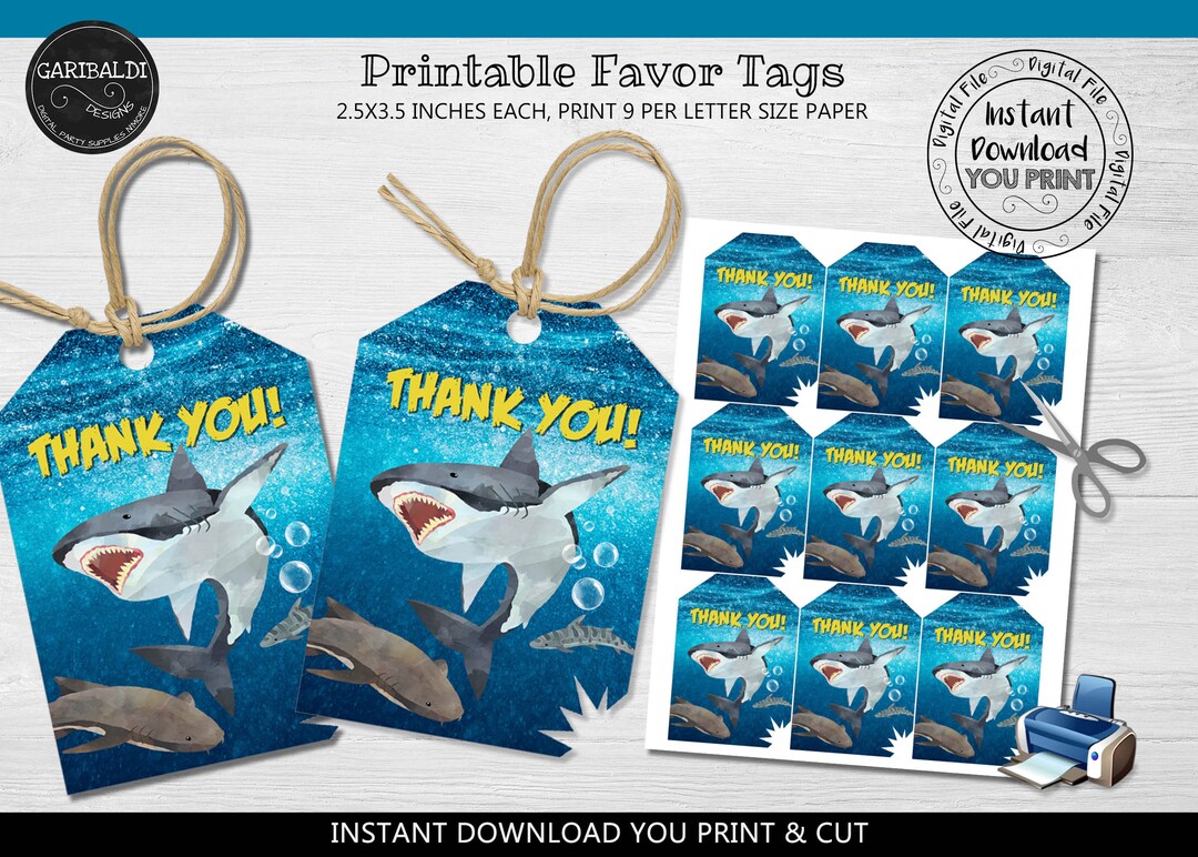 Shark Favor Tags, Shark Gift Tags, Shark Party Tags, Shark Thank You ...