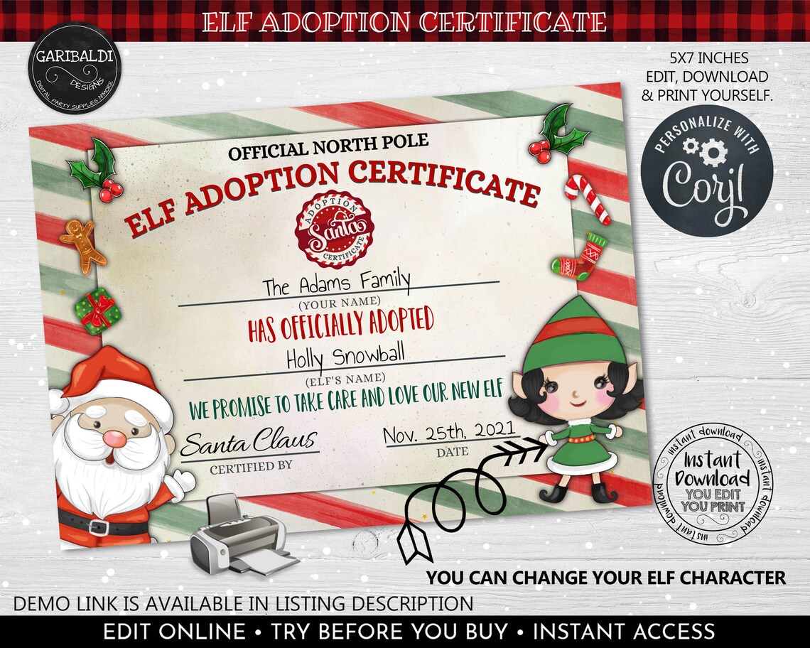 Editable Elf Adoption Certificate Printable Santa's | Etsy