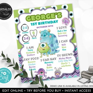 Editable Monsters Milestones Board Monsters First Birthday Sign Little ...