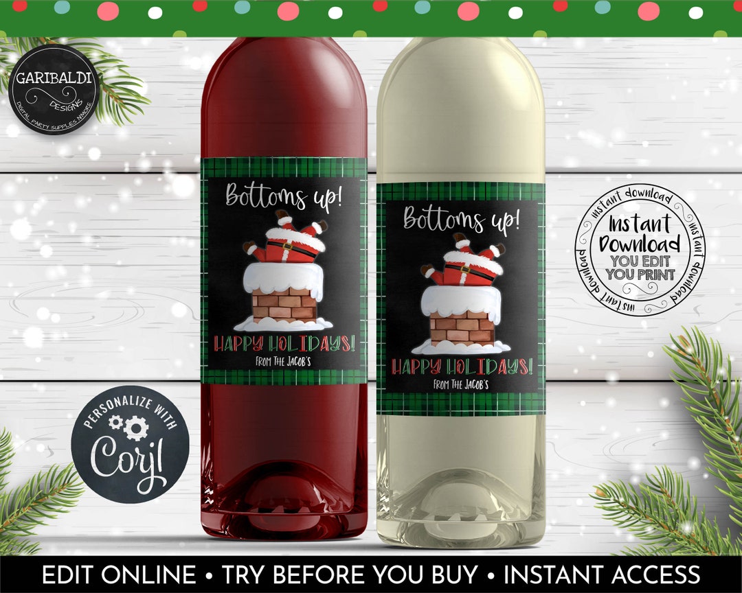 Editable Christmas Wine Labels Bottoms up Santa Wine Labels Printable ...