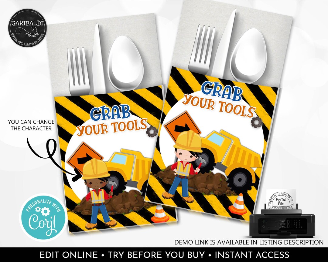 Construction Silverware Cutlery Holder Editable Utensils Paper Pouch ...