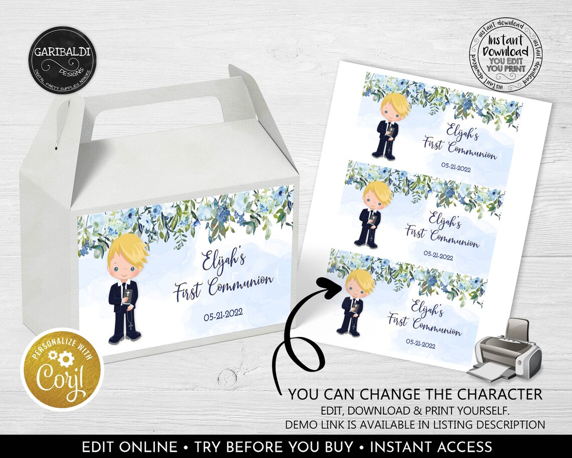 First Communion Gable Box Labels Editable Gable Gift Box Label Template ...