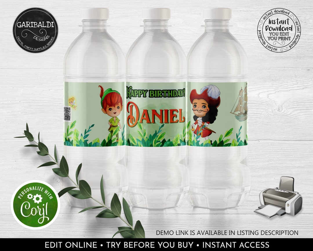 Editable Peter Pan Water Bottle Labels Neverland Birthday Party Favors ...