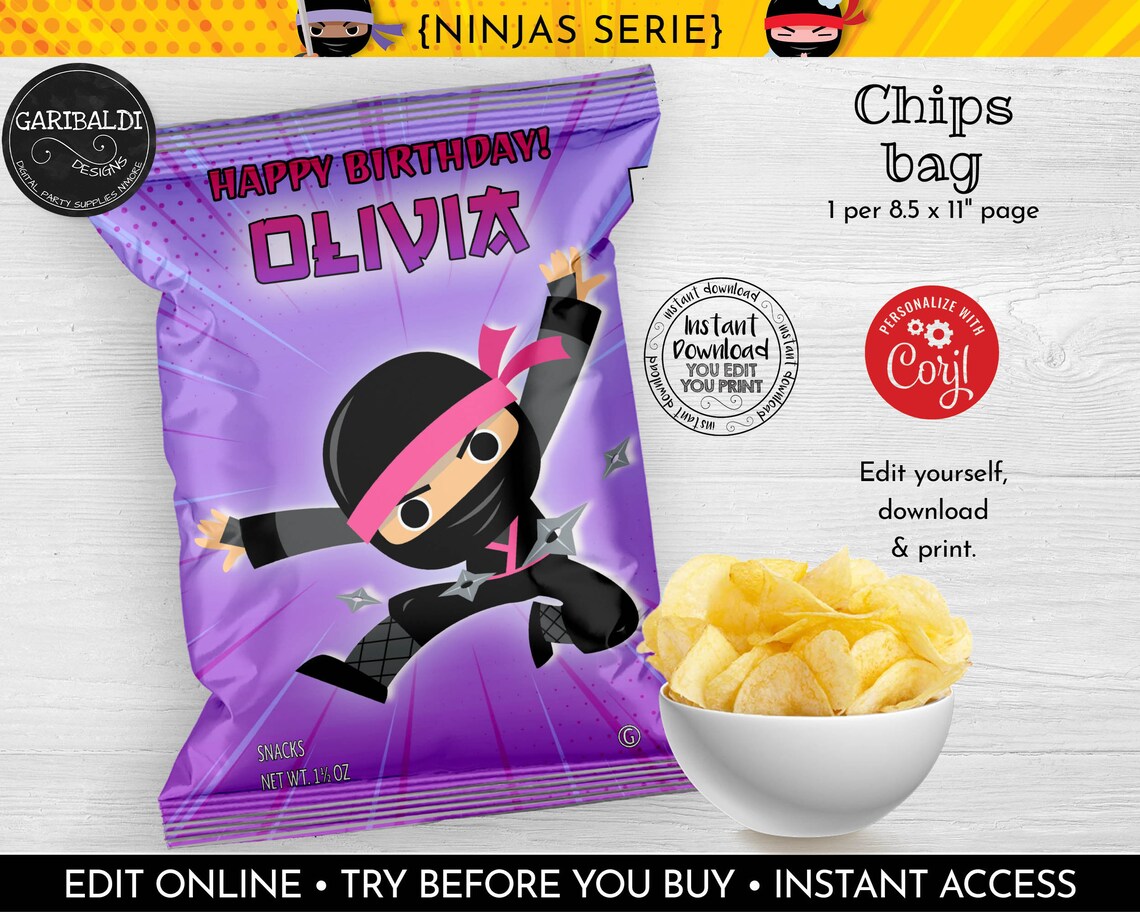 Editable Chip Bag Template Ninja Chip Bags Wrapper Instant Download ...