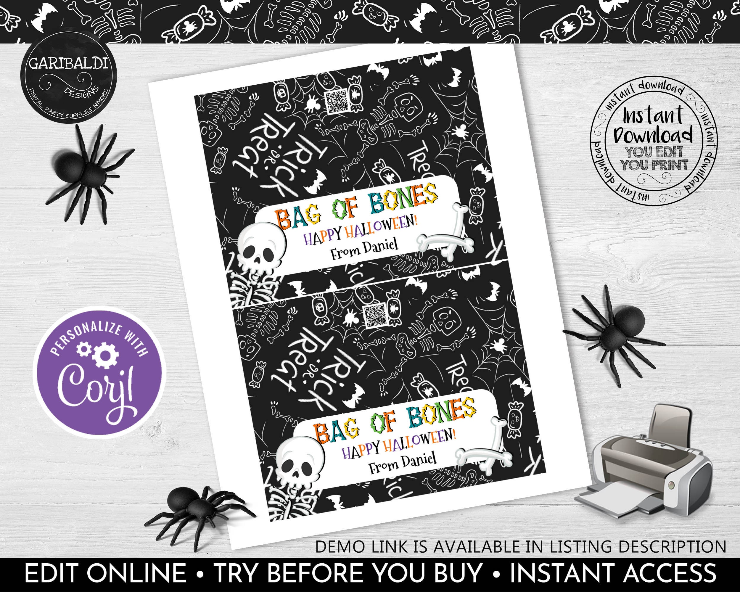Bag of Bones Topper Editable Halloween Treat Bag Topper Skeleton Treat ...