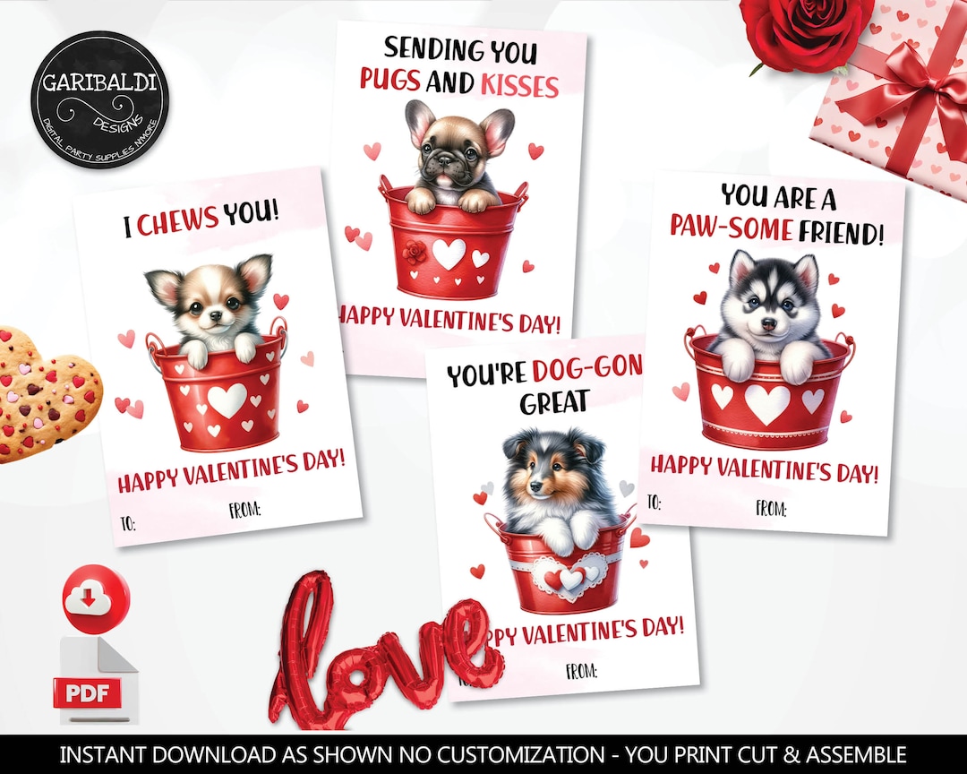 Printable Dog Valentine's Day Cards Puppies Valentine's Day School ...