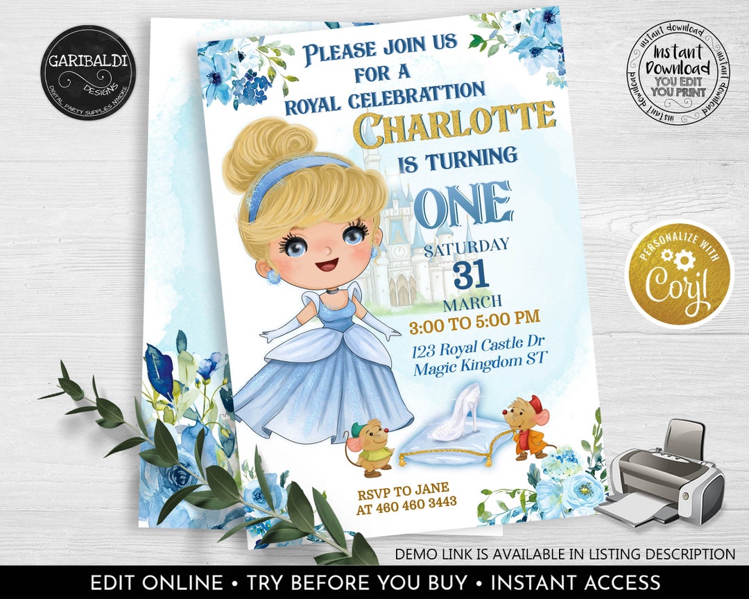 Editable Cinderella Birthday Invitation Once Upon a Time Princess Royal ...