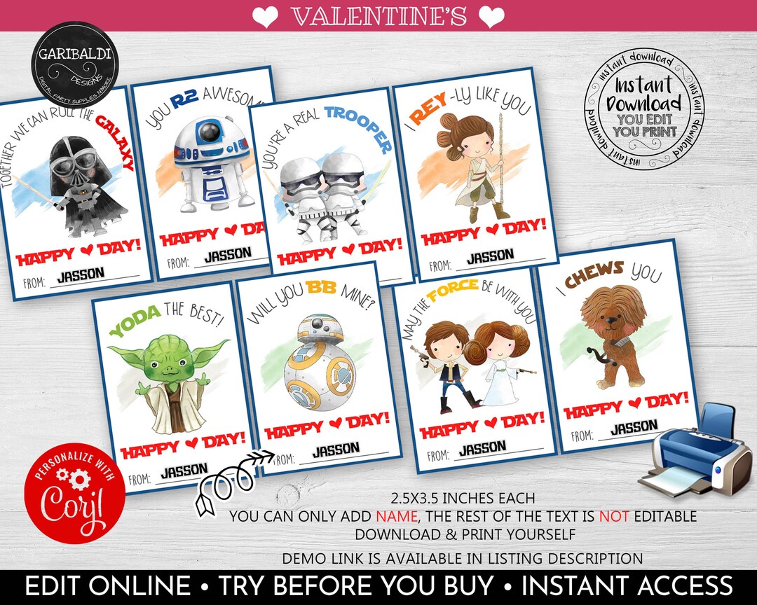 Editable Valentine's Day Cards, Star Wars Valentine's Day Personalize ...