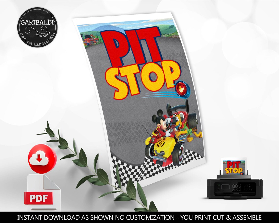 Mickey Roadster Racers Pit Stop Sign Race Car Birthday Party Sign ...