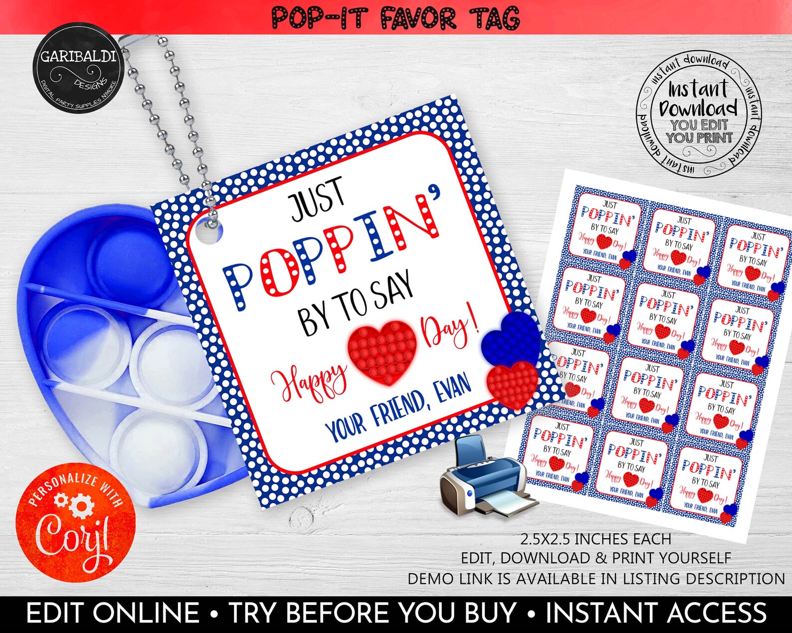 Editable Valentine's Pop Fidget Gift Tags Valentines Day Bubble Pop Toy ...