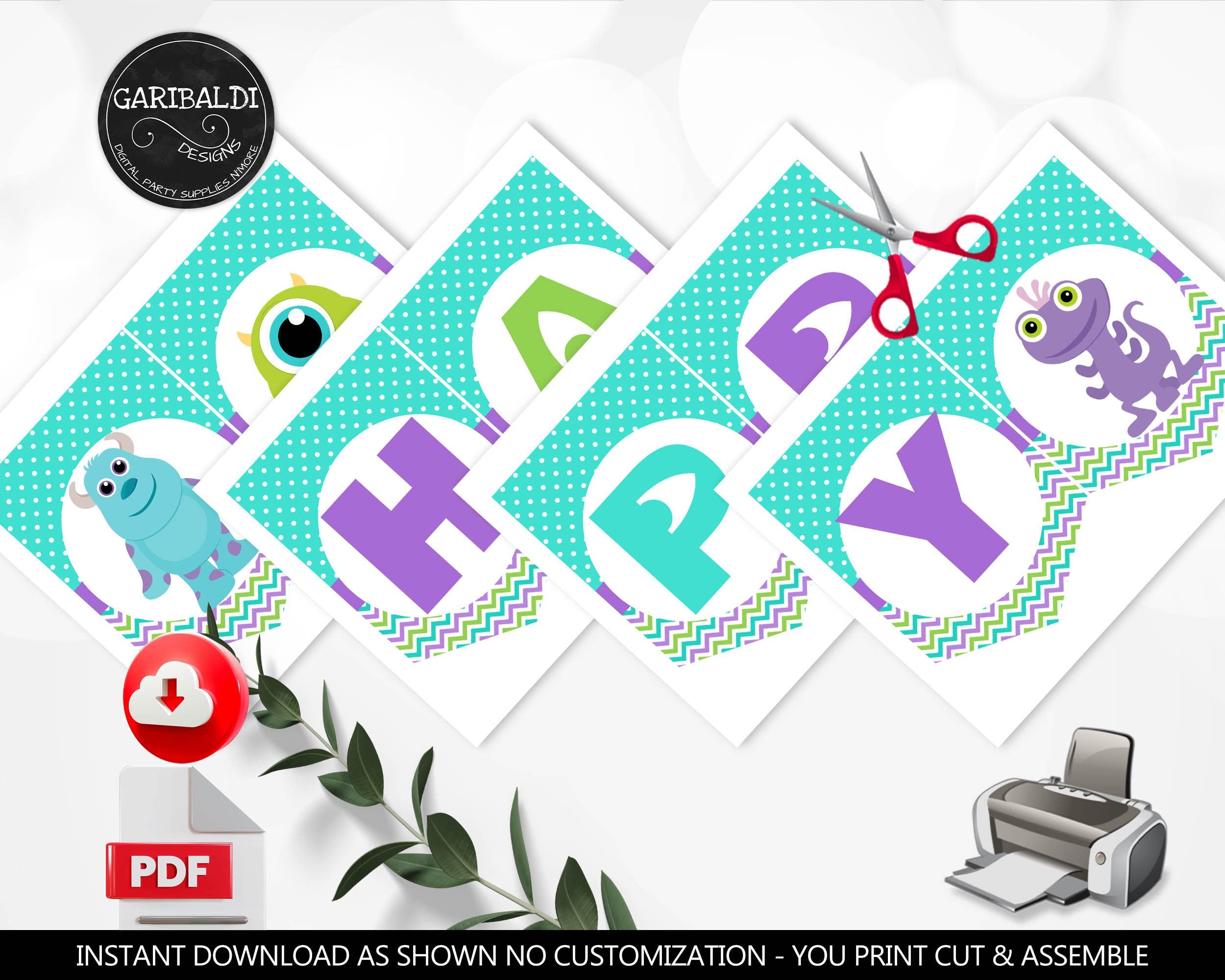 Monsters Banner Happy Birthday Bunting Banner Monsters Birthday Party ...