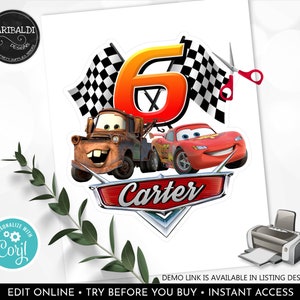Editable Race Cars Sixth Birthday Cake Topper Cars 6th Birthday ...