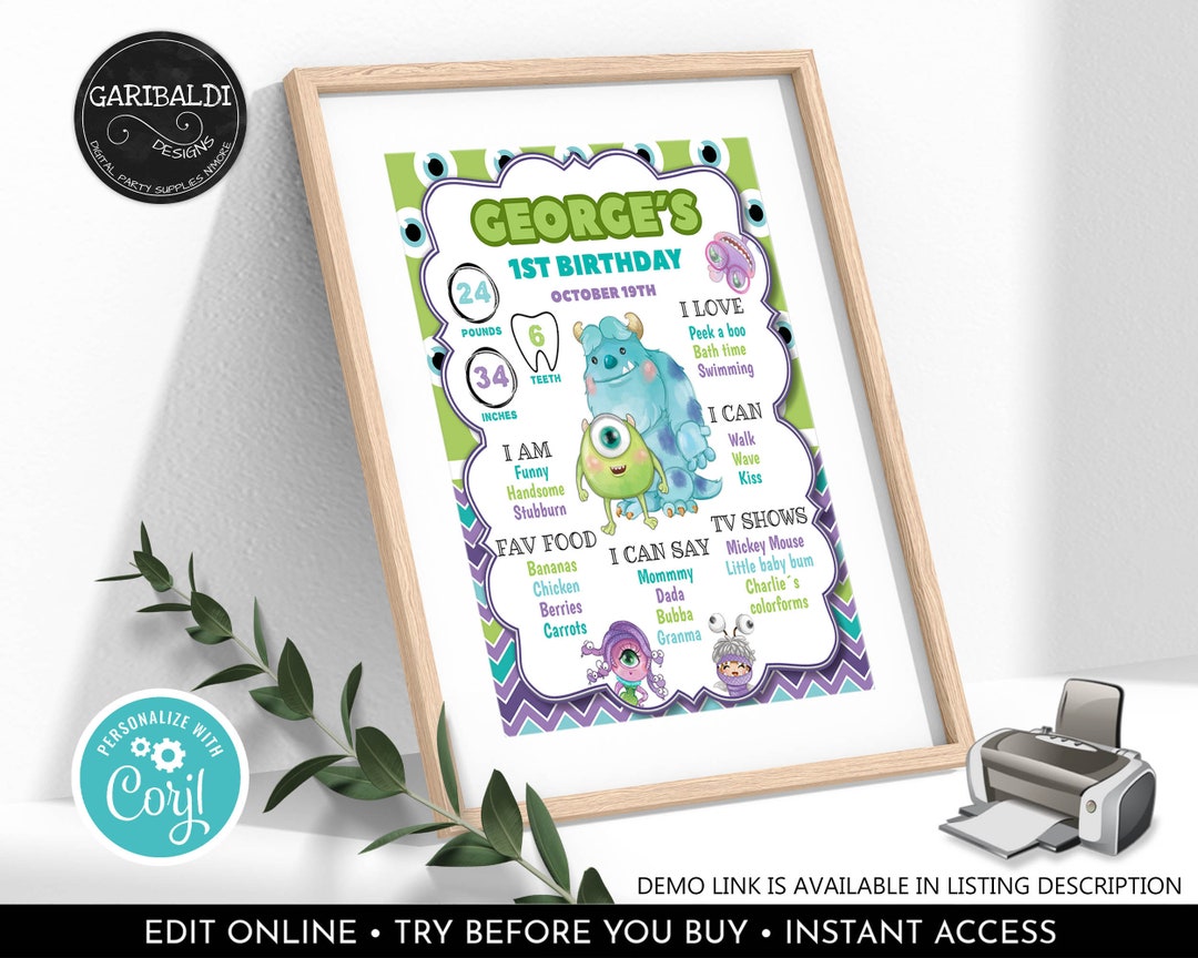 Editable Monsters Milestones Board Monsters First Birthday Sign Little ...