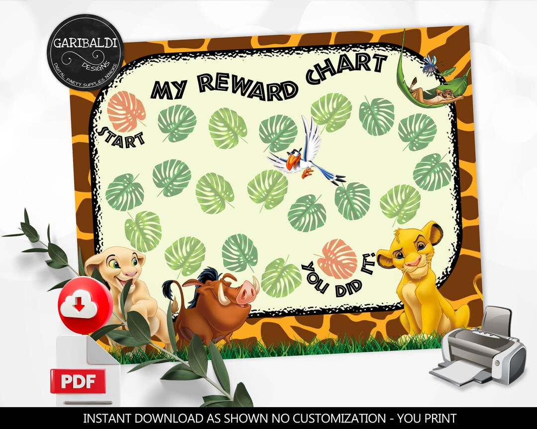 Instant Download Safari Jungle Reward Chart Printable Lion Potty Train ...