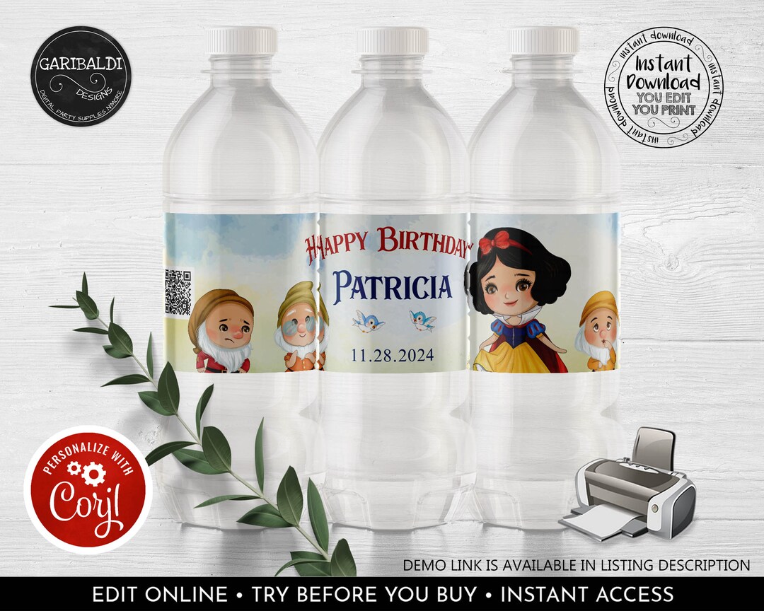 Editable Snow White Water Bottle Labels Snow White Birthday Party ...