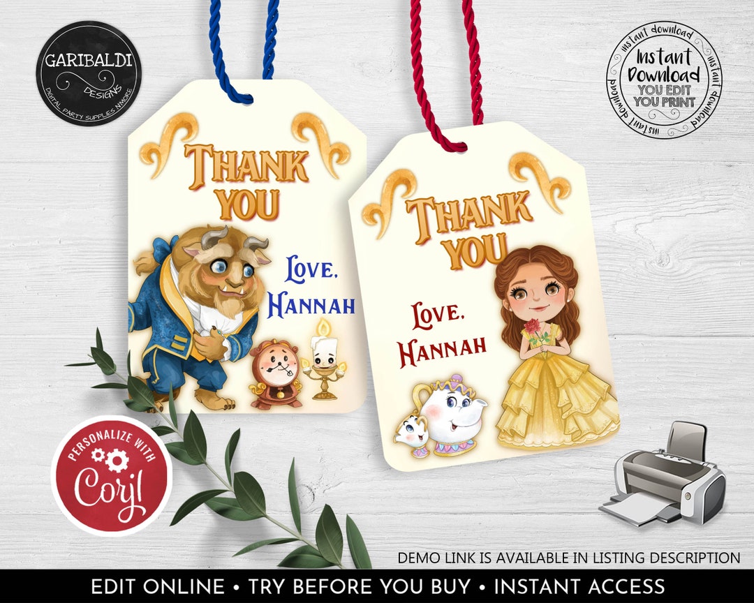 Editable Beauty and the Beast Favor Tags Princess Belle Gift Tags ...