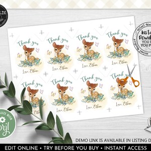 Editable Little Deer Party Favor Tags, Floral Baby Deer Gift Tags ...