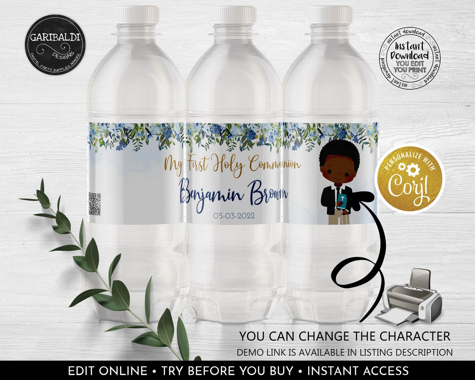 Editable First Communion Water Labels Printable Blue Flowers First Holy ...