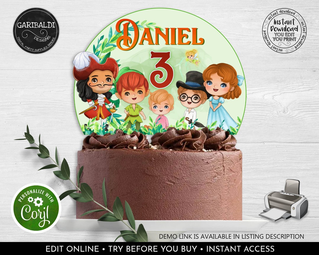 Peter Pan Cake Topper Editable Neverland Birthday Party Centerpieces ...
