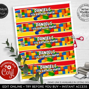 Editable Building Blocks Water Bottle Labels Building Bricks Birthday ...