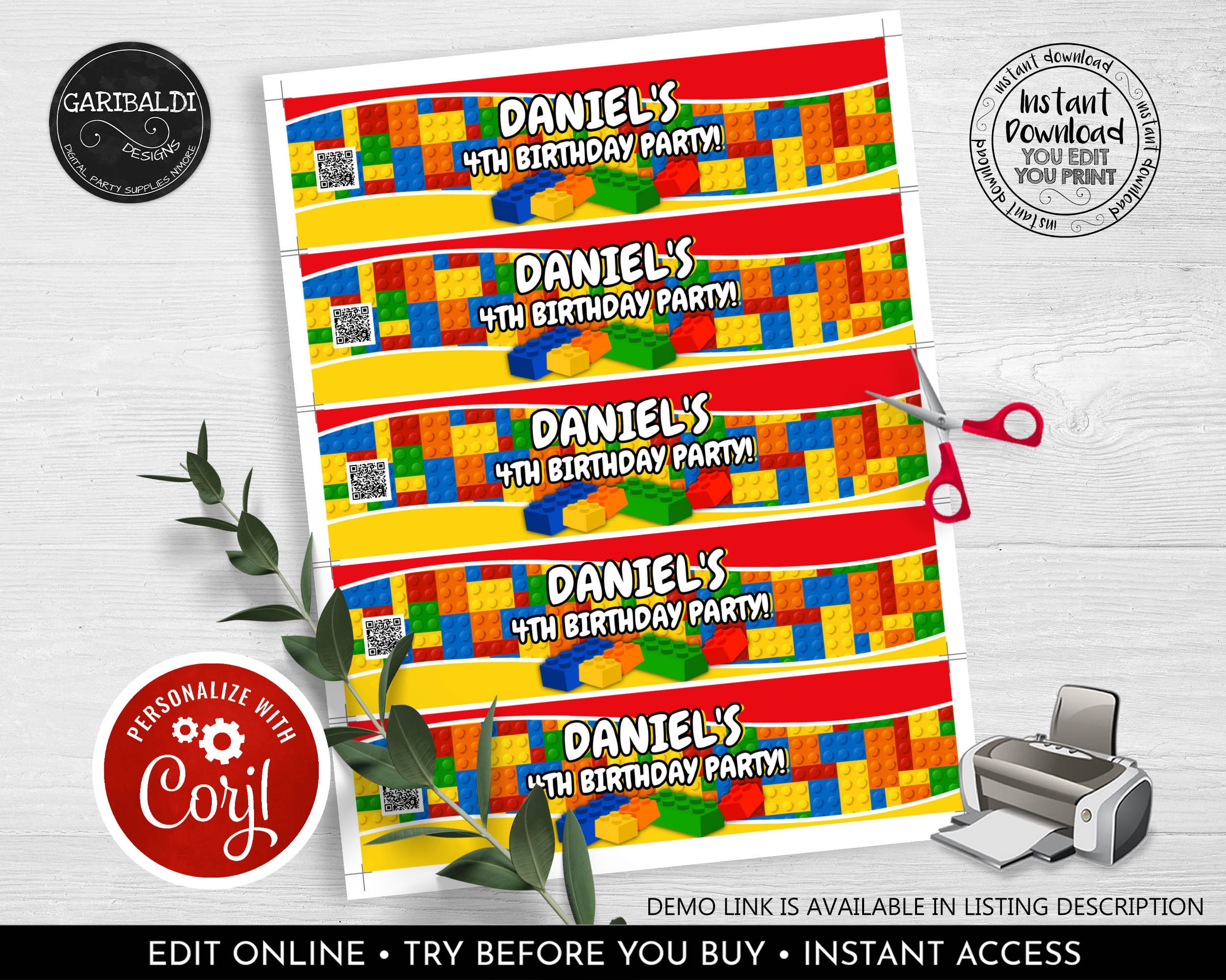 Editable Building Blocks Water Bottle Labels Building Bricks Birthday ...