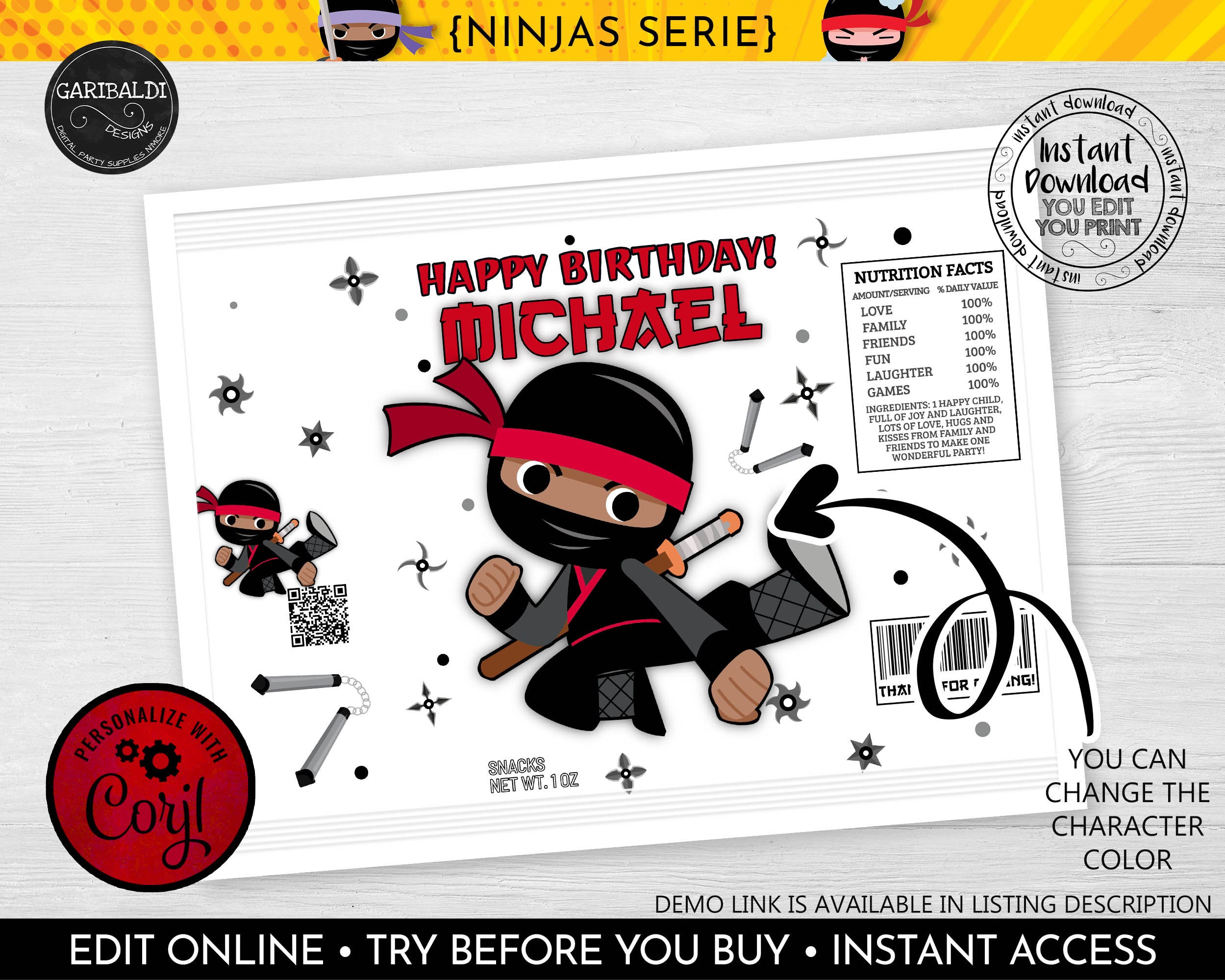 Editable Ninja Chip Bag Template Ninja Chip Bags Wrapper Instant ...