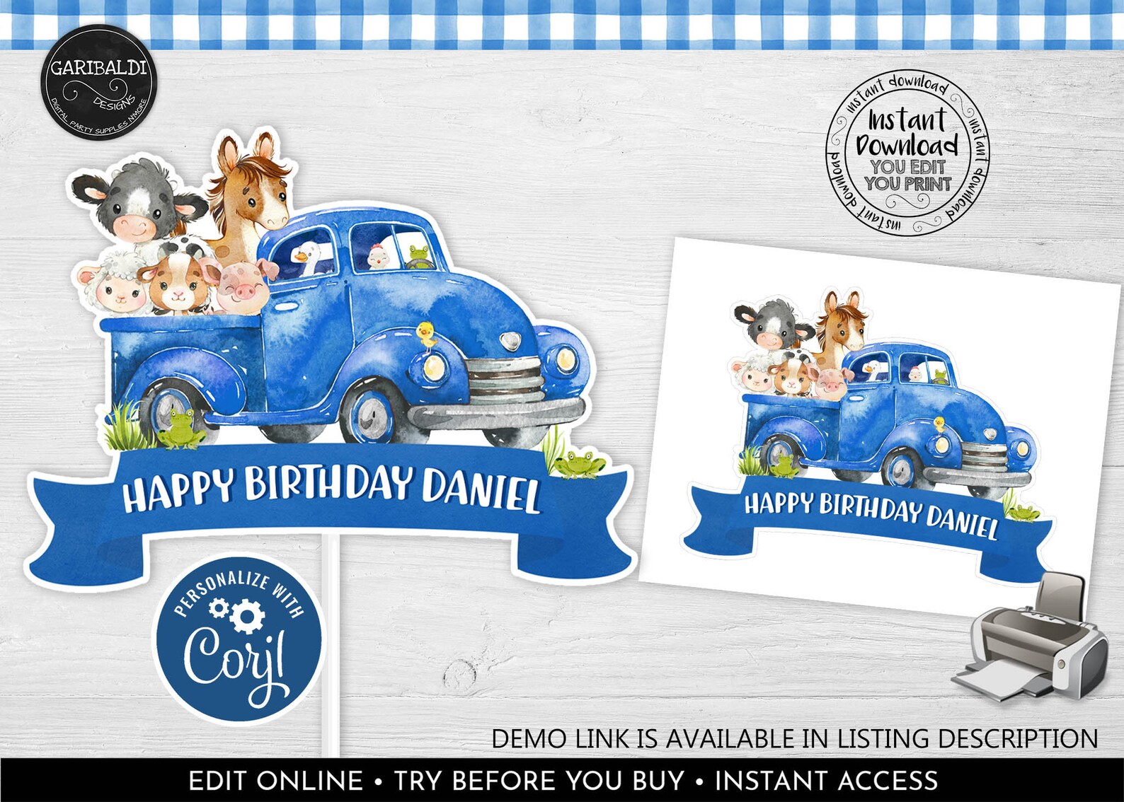Printable Blue Truck Cake Topper Blue Truck Birthday Party Supplies ...