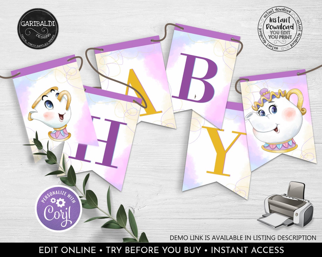 Editable Mrs. Potts and Chip Pennant Banner Printable Something There ...