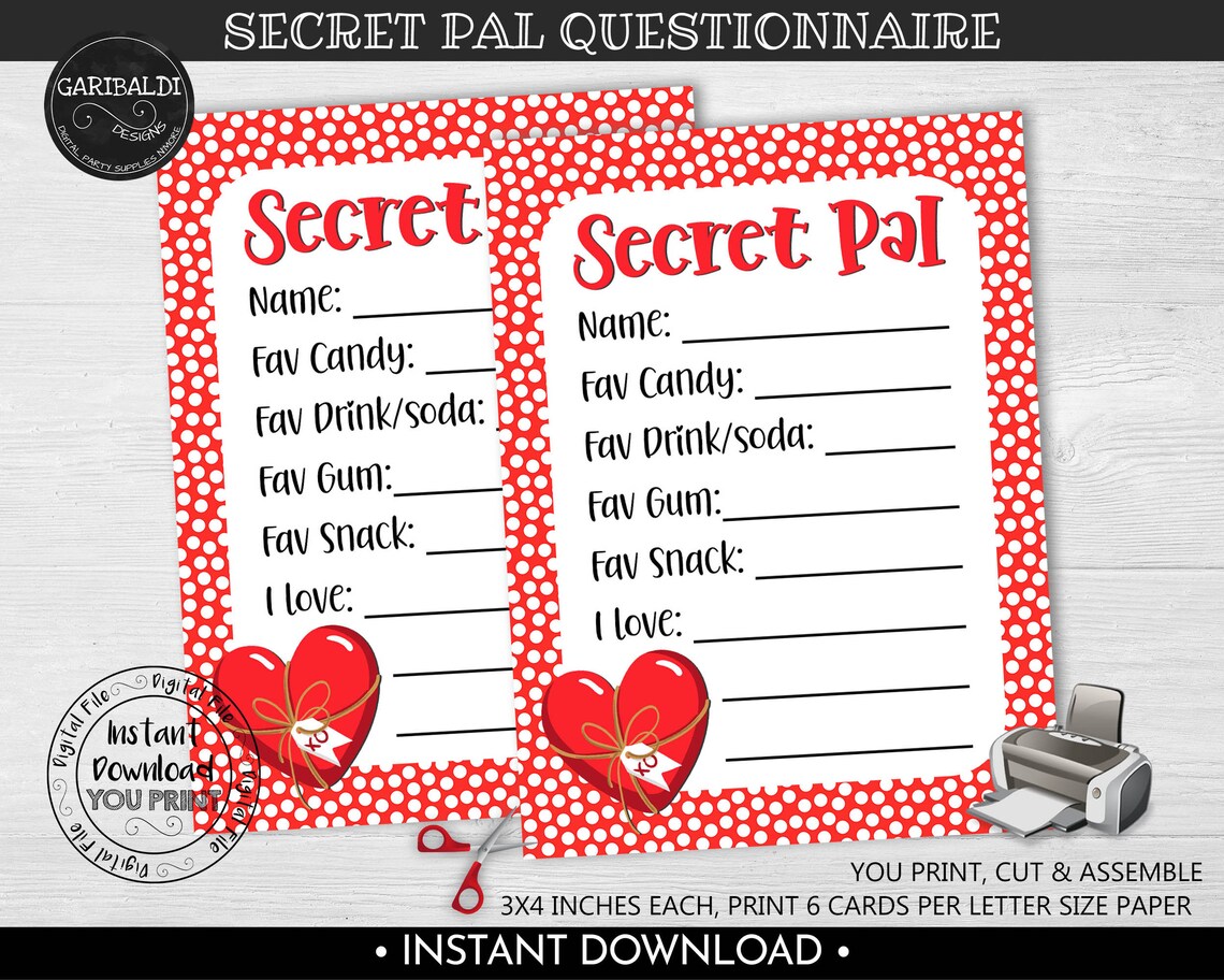 Valentine's Day Secret Pal Questionnaire, Printable Gift Exchange Wish ...