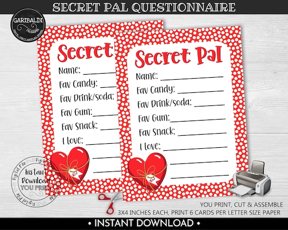 Valentine's Day Secret Pal Questionnaire Printable Gift | Etsy