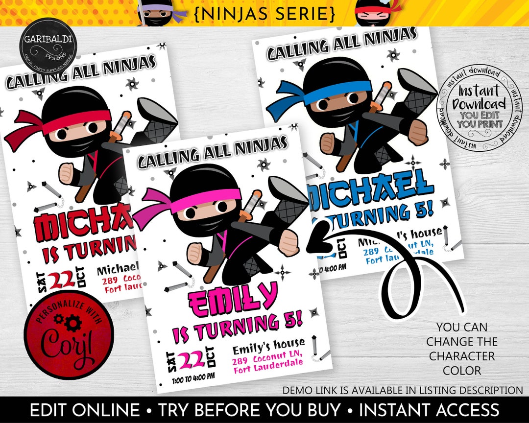 Editable Ninja Birthday Party Invitation Instant Download Ninja Invite ...