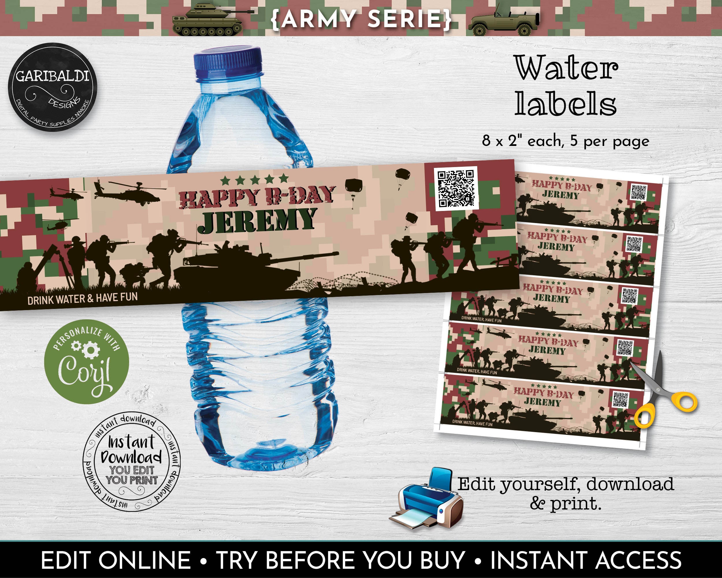Editable Soldier Water Bottle Labels Printable Camouflage | Etsy