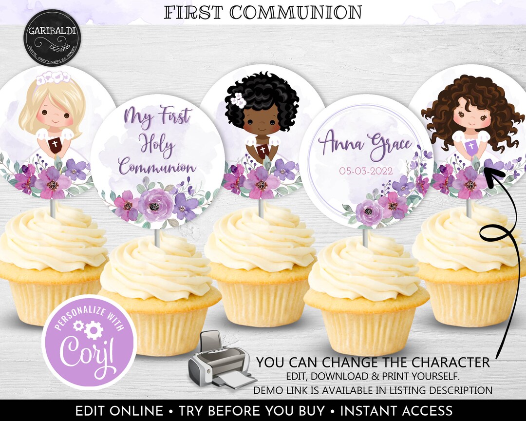 Editable First Communion Cupcake Toppers, Printable Girl First ...