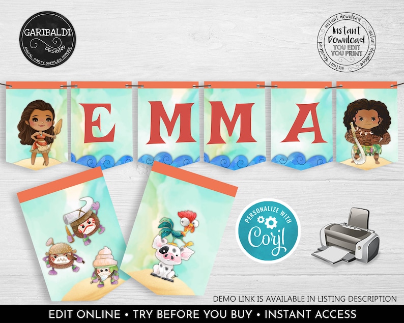 Editable Moana Pennant Banner Printable Maui Banner Hawaiian Luau ...