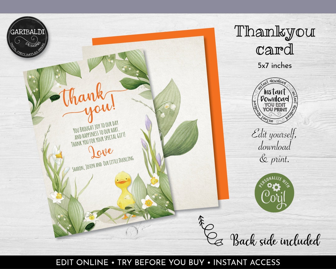 Editable Duckling Thank You Card Printable Duckling Baby Shower Card ...