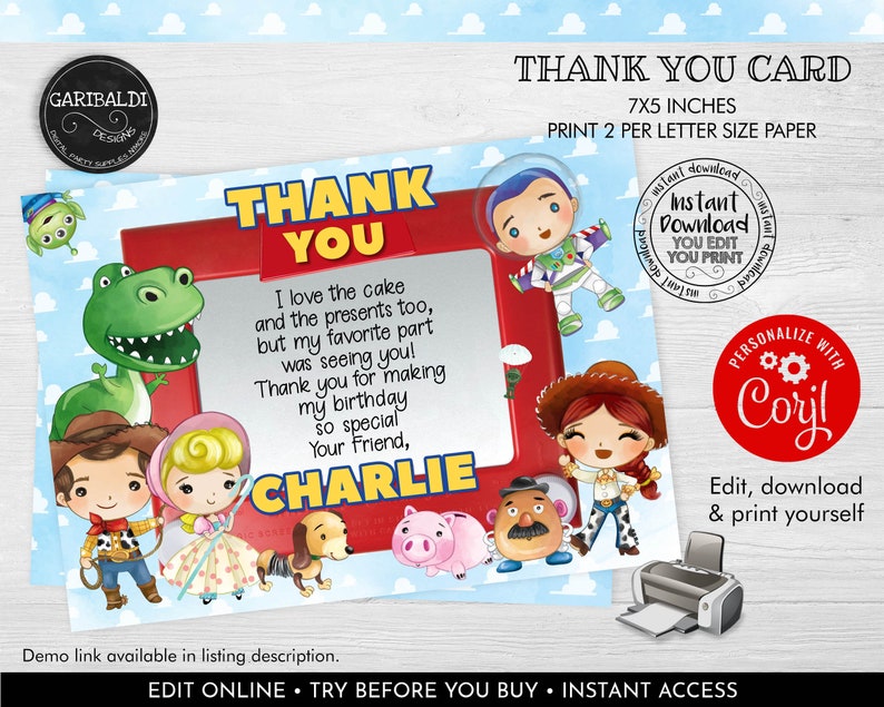 Editable Toy Story Thank You Card Instant Download Cute Toy - Etsy