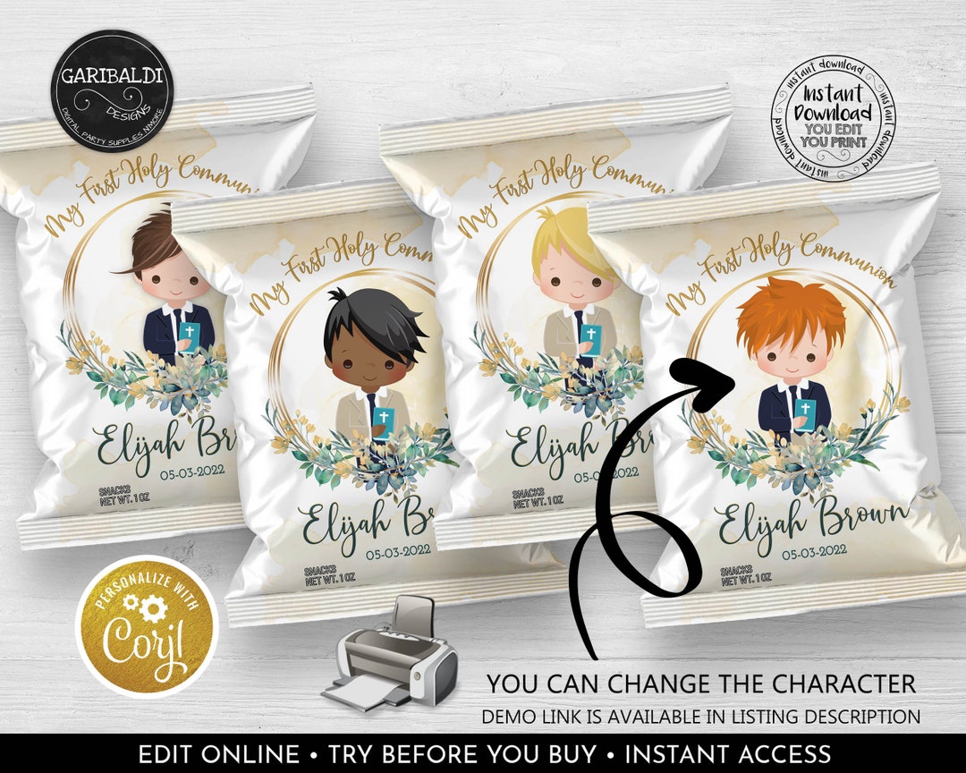 Editable First Communion Chip Bag Wrapper Printable Boy First Communion ...
