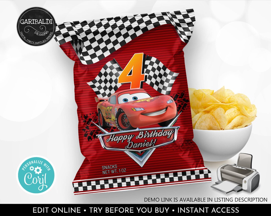 Editable Race Cars Chip Bag Wrapper Cars Birthday Party Supplies Racing ...