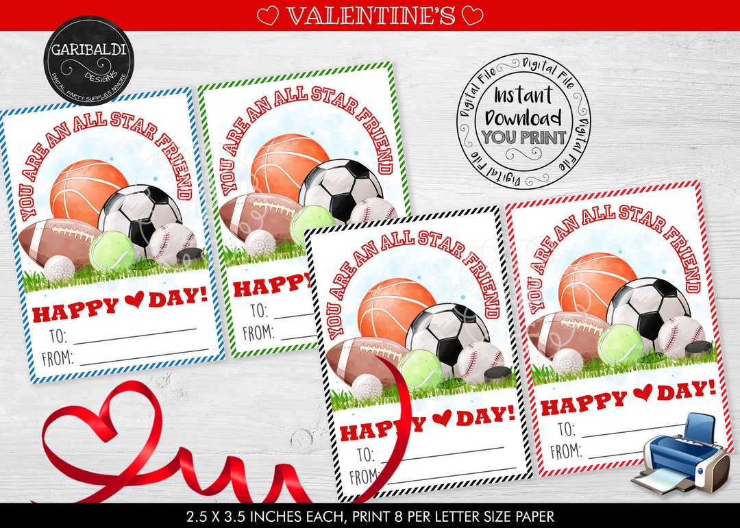 Printable Sports Valentine's Day Cards All Star Friend Valentine's Day ...